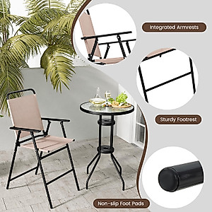 Giantex 3 PCS Outdoor Bistro Set, Patio Bar Table with 2 Folding Chairs, Round Bar Table with Tempered Glass Top & 1.6" Umbrella Hole, Easy Assembly, for Patio, Poolside, Yard, Beige