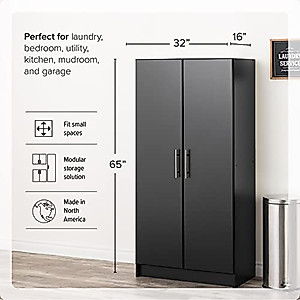Prepac Elite Functional Tall Shop Cabinet with Adjustable Shelves, Simplistic Freestanding 2-Door Garage Cabinet 16" D x 32" W x 65" H, Black, BES-3264