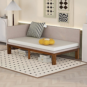 Upholstered Daybed/Sofa Bed Frame/Wood Floor Bed with Linen Cover Mattress/Futon Sleeper Beds, Twin Size, Beige
