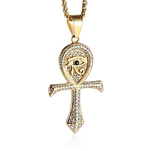 HZMAN CZ Eye of Horus Egypt Protection Pendant Coptic Ankh Cross Religious Stainless Steel Necklace (Gold)