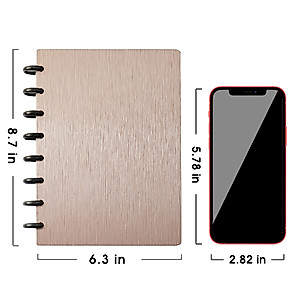 Discbound Notebook Customizable Spiral Journal Refillable 5 Subject Notebook with Removable Pages 120 Wide Ruled Disc Planner with 6 Binder Dividers & 16 Tabs for Work Meeting School, Rose Gold