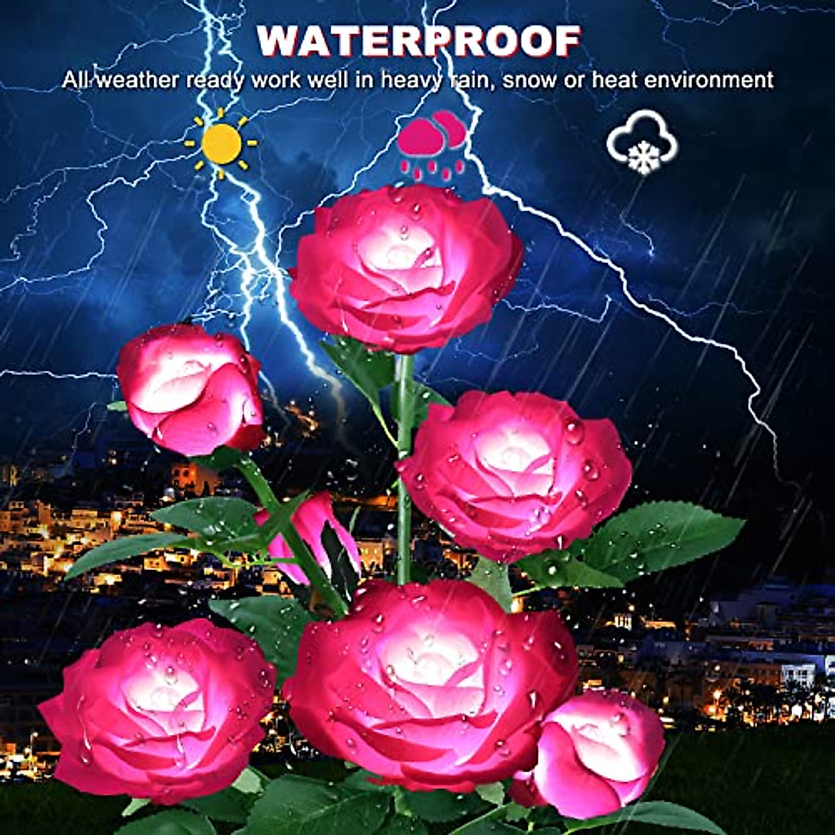 Calyla Solar Lights Outdoor 7 Rose Flowers Solar Garden Lights Garden Stake Lights Path Decorative Rose Lights for Patio Yard Pathway Landscape Enlarged Solar Panel (Pink)