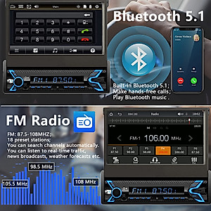 Wireless Carplay Single Din Touchscreen Car Stereo with Wireless Android Auto, 7 Inch Flip Out Screen Car Radio with Bluetooth, Flip Up Car Audio Receivers with Camera, SWC, FM/USB/AUX/TF/Subwoofer