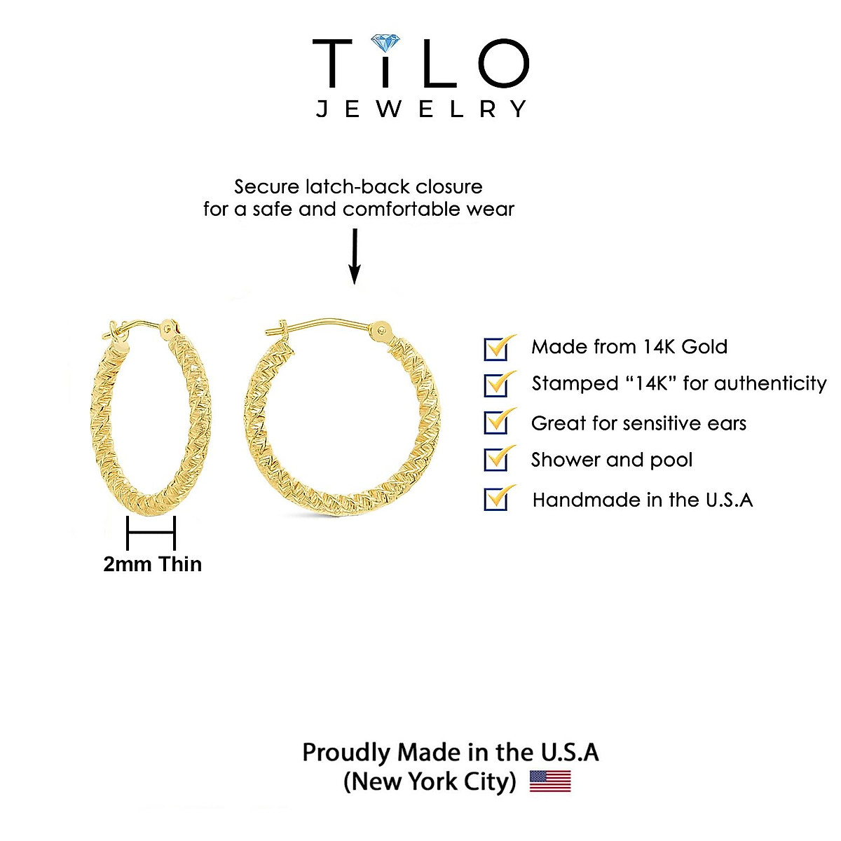 14k Yellow Gold Spiral Textured Round Hoop Earrings, 2mm thickness (20mm - 0.78 inch)…