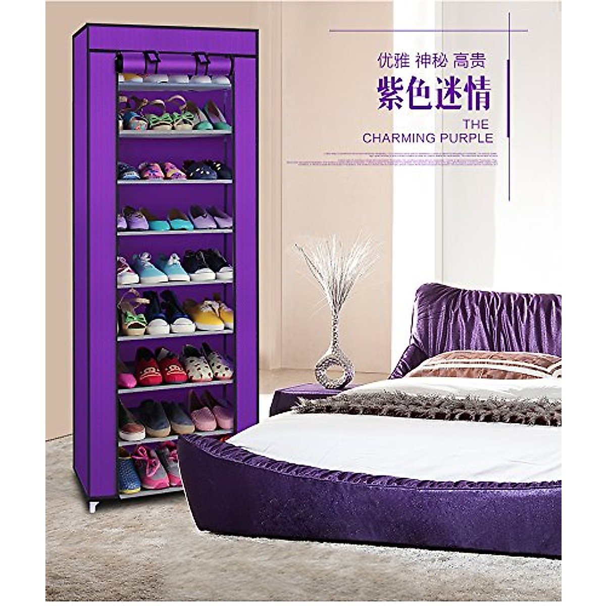 MallMall 10 Tiers Shoe Rack with Dustproof Cover Closet ,30-Pair Shoes Rack Storage Cabinet Organizer (Purple)