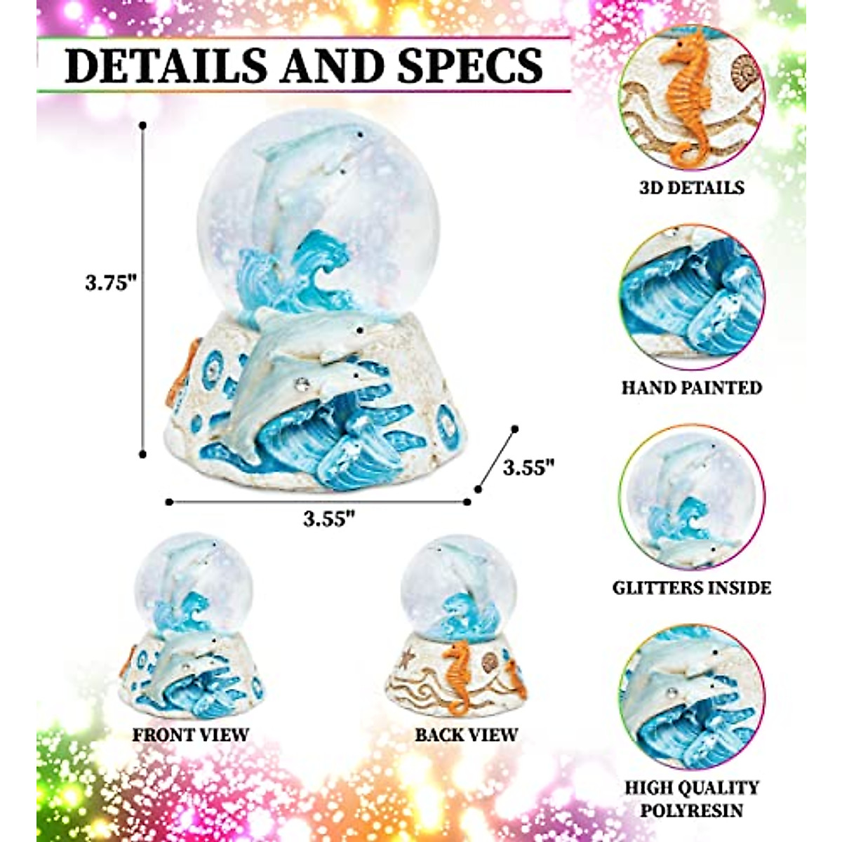 COTA Global Dolphin Stone Snow Globe - Sparkly Water Globe Figurine with Sparkling Glitter, Collectible Novelty Ornament for Home Decor, for Birthdays, Christmas, and Valentine's Day