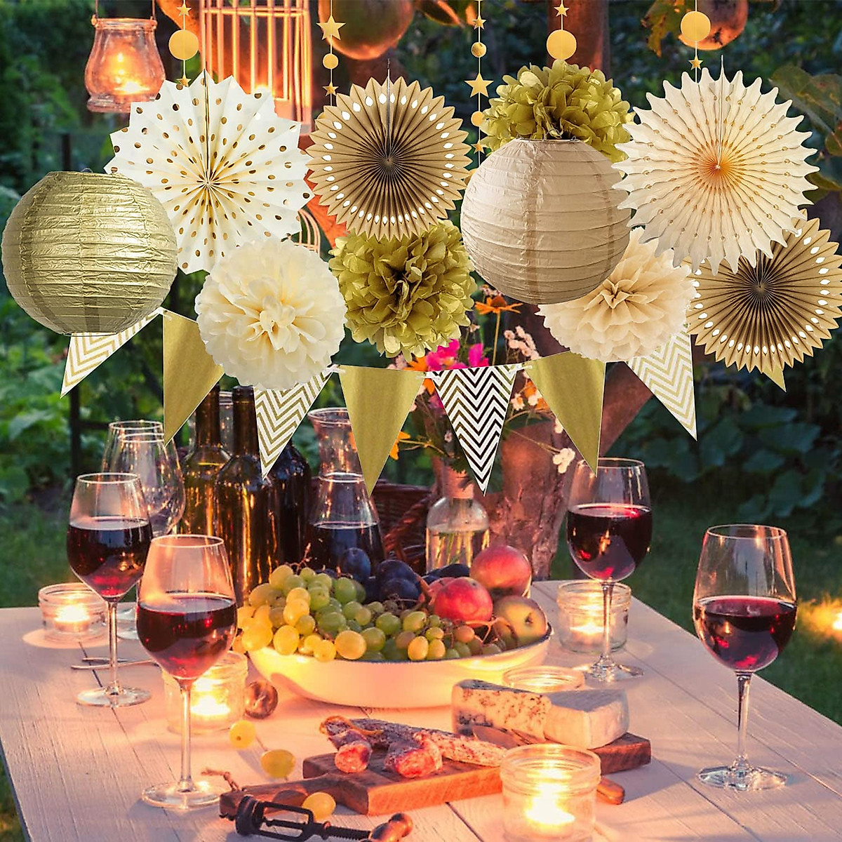 Gold Party Decorations Hanging Paper Fans Paper Lanterns Pom Poms Flower Pennant Banner for Rustic Wedding Neutral Baby Shower Bachelorette Graduation Birthday New Year Party Decoration