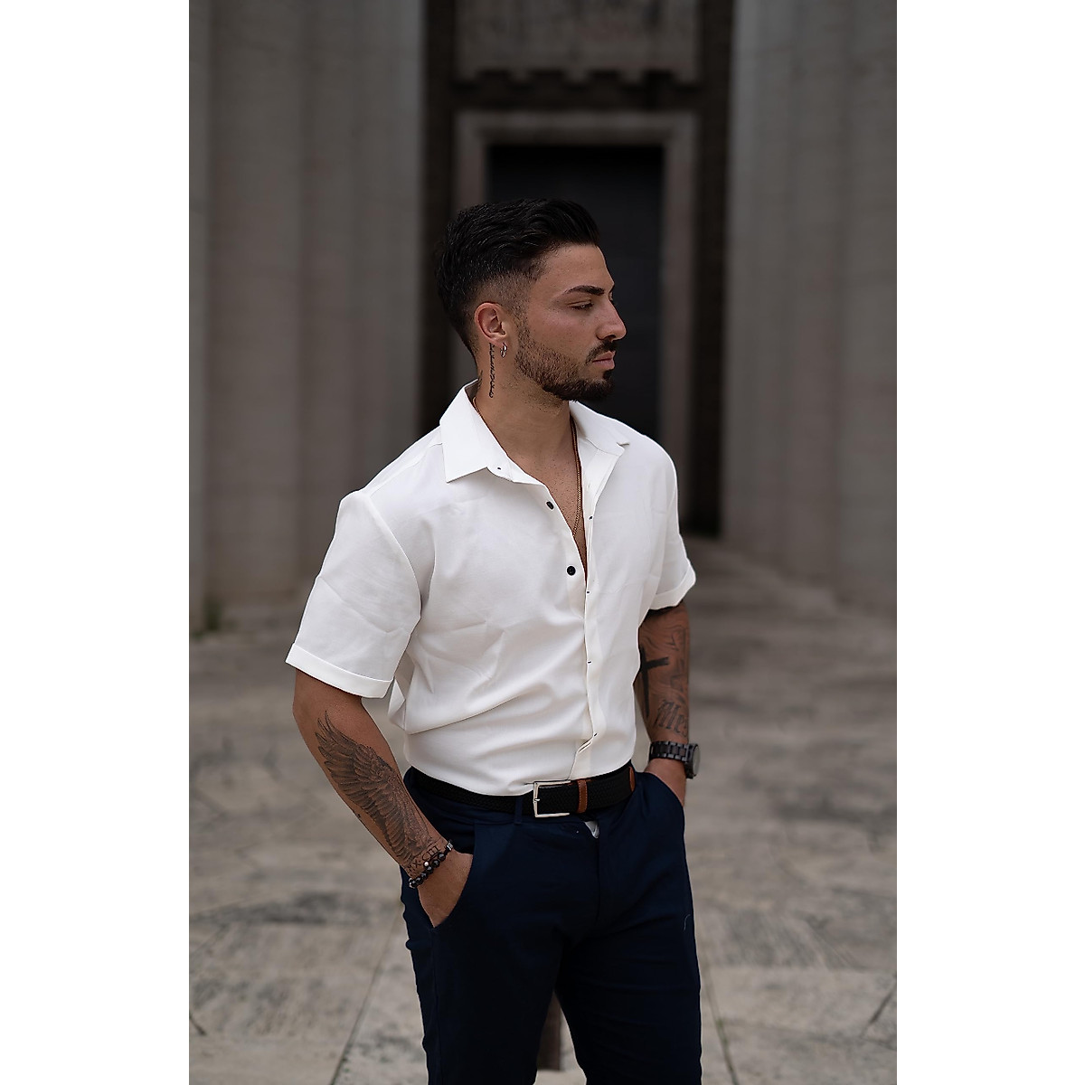 COOFANDY Men's Summer Linen Shirt - Short Sleeve, Casual Button Down, Beach Wedding - White