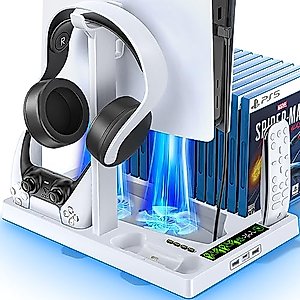 OIVO PS5 Stand with Cooling Fan and Headphone Stand, PS5 Cooling Fan with PS5 Controller Charger for Playstation 5, PS5 Charger with Storage 15 Game
