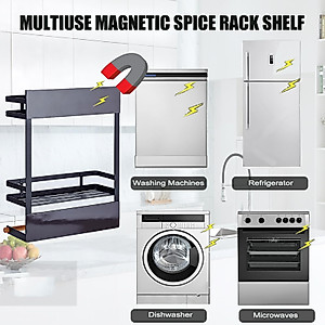 PTAEXCEL Magnetic Spice Rack for Refrigerator, Magnetic Shelf for Fridge Magnet Organizer Moveable Magnetic Paper Towel Holder with 8 Hooks for Kitchen Oven Space Saving (Black)