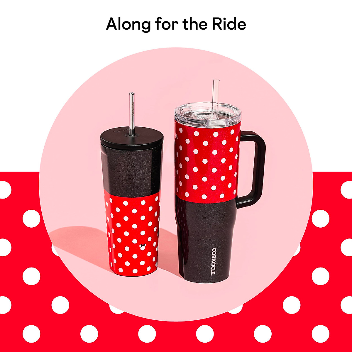 Corkcicle x Disney Minnie Mouse Cruiser Insulated Tumbler with Handle and Straw, Polka Dot Red, 40 oz – Reusable Water Bottle Keeps Beverages Cold 20hrs, Hot 9hrs – Cupholder Friendly, Spill Proof