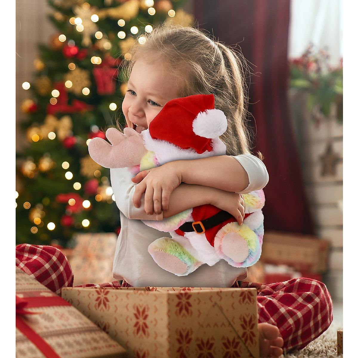 DolliBu Santa Rainbow Moose Stuffed Animal Plush Toy - Super Soft Dress Up with Red Santa Claus Outfit, Cute Moose Gift Perfect Holiday with Name Personalization - 9 Inches