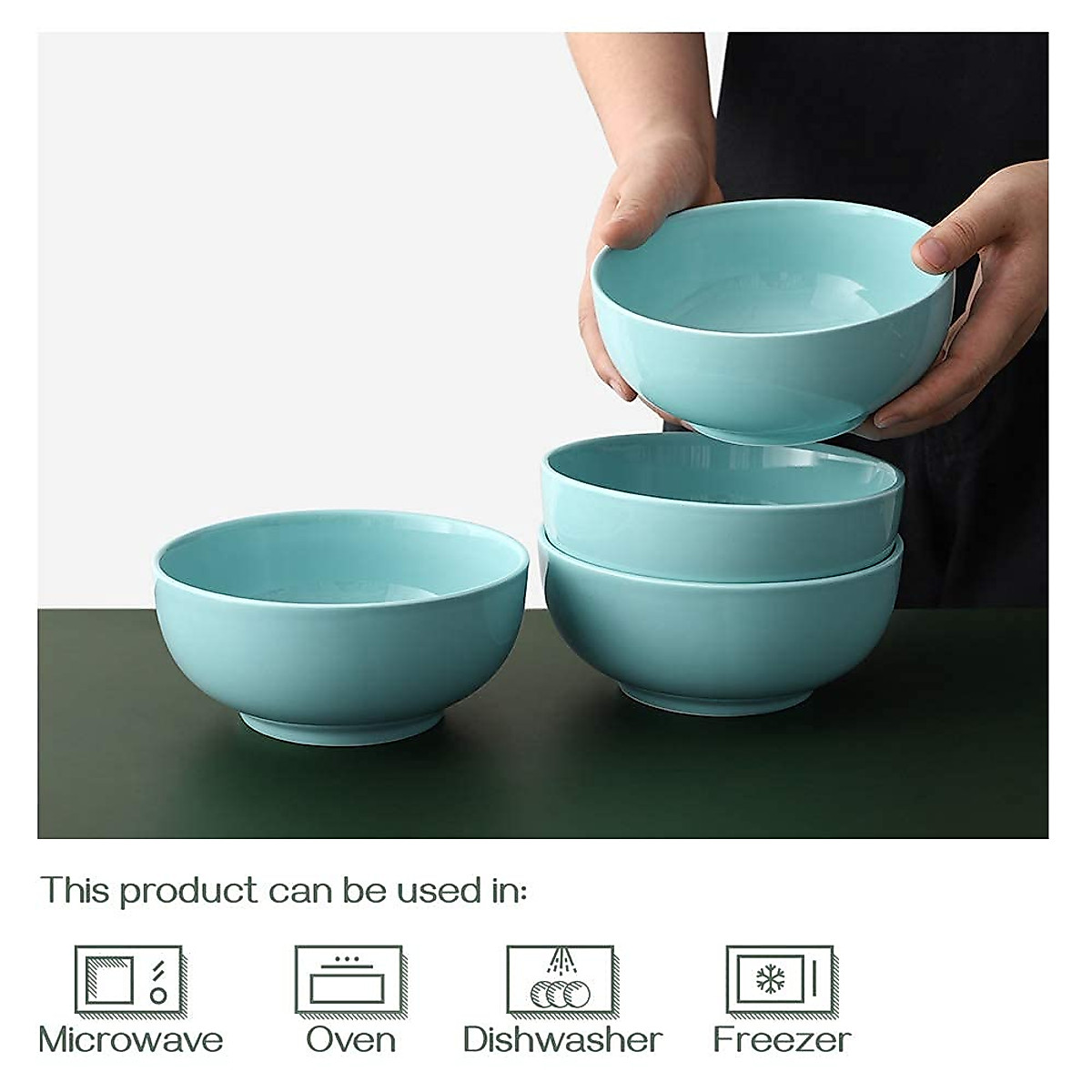 DOWAN 22 Ounces Porcelain Cereal Bowls, Soup Bowls, Bowl Set of 4,Sturdy and Stackable, Dishwasher Microwave Safe, White Bowls for Rice Pasta Salad Oatmeal, Turquoise & AIRY BLUE