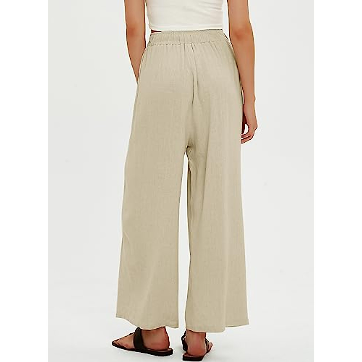 Beaully Women Linen Pants High Waist Wide Leg Palazzo Pants Casual Loose Long Trousers with Pockets 6096 Apricot Medium
