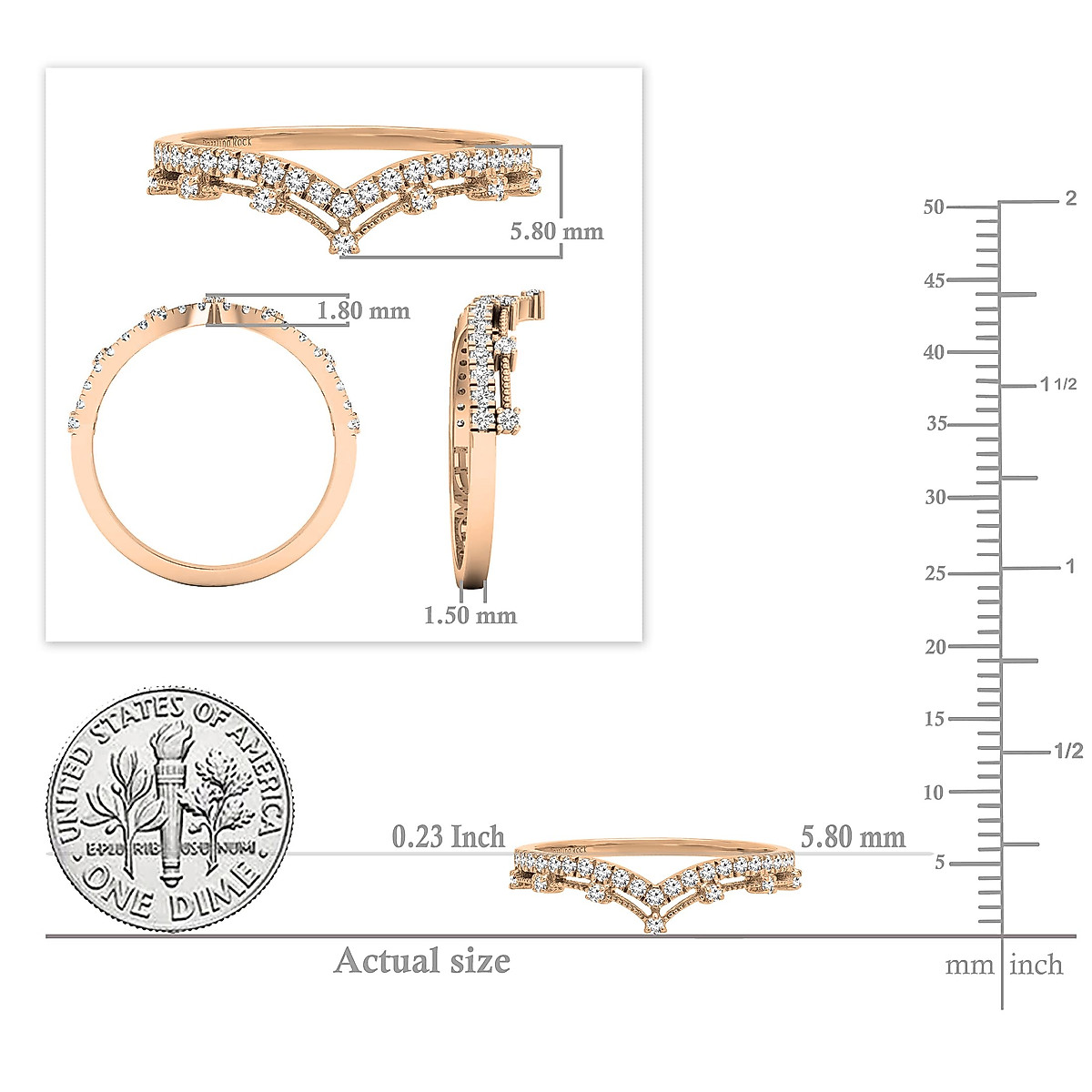 Dazzlingrock Collection Round White Diamond Beaded Chevron Wedding Band for Women (0.25 ctw, Color I-J, Clarity I2-I3) in 10K Rose Gold, Size 7