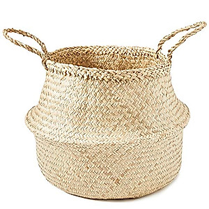Americanflat Walnut Hand-Woven Palm and Seagrass Belly Baskets (10" Tall)
