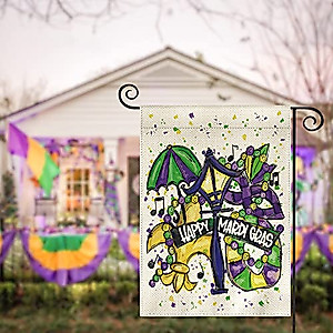 AVOIN Happy Mardi Gras Masquerade Mask Fleur de Lis Umbrella Garden Flag Vertical Double Sided, Holiday Party Mardi Gras Bead Lamp Yard Outdoor Decoration 12x18 Inch