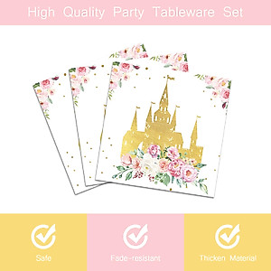 Girl Fairytale Princess Birthday Tableware Party Supplies Serves 24 Guests Once Upon a Time Pink Floral Gold Castle Plates Napkins Forks for Girls Birthday Party Decoration Supplies