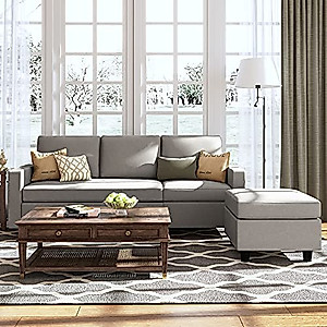HONBAY Convertible Sectional Sofa, L Shaped Couch with Linen Fabric, Reversible Couch for Small Space, Light Grey