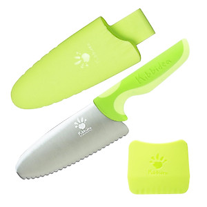 Kids Knife Set for Real Cooking, Friendly Safety Knife for Kids, Stainless Steel Child Chef Knife with Finger Protector, Round Tip Kids Knife for Cutting, Serrated Edges (green)