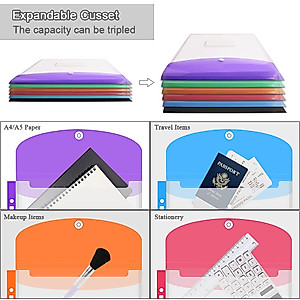 12 Pack Plastic Envelopes Binder Pocket 11 Holes Expandable Binder Folders for 2/3/4 Ring Document Pouch with Snap Button & Label Loose-Leaf Transparent for School Home Office (Vertical-Opening)