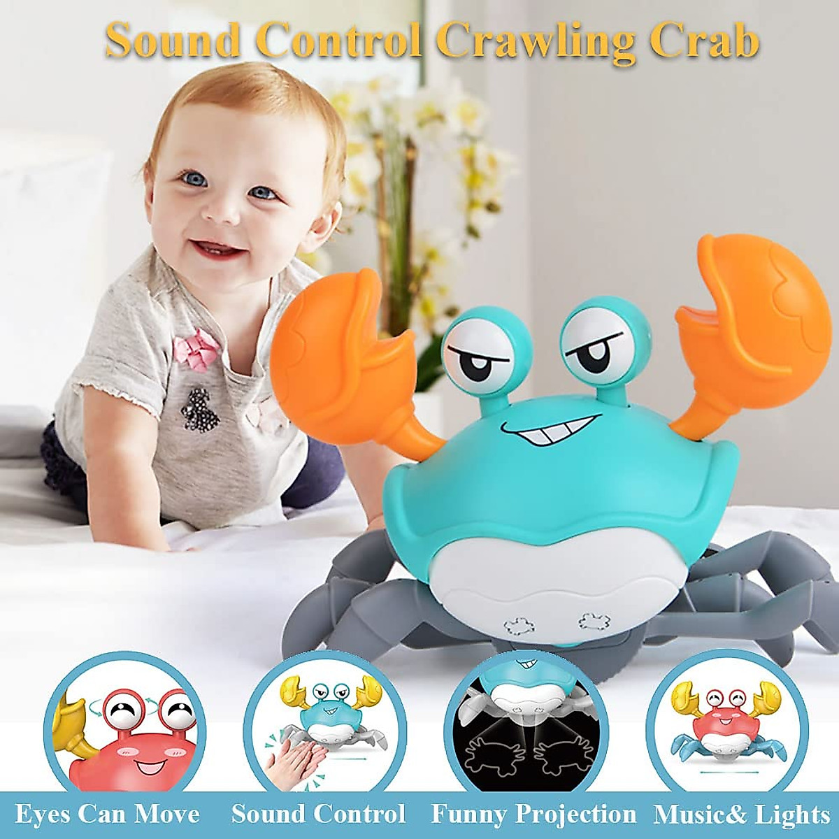 NEXTAKE Sound Control Crawling Crab Toy, Voice-Activated Crab Toy Interactive Dancing Crab Child Development Crawling Toy with Music, Lights and Projection Function-Eyes Can Move (Blue)