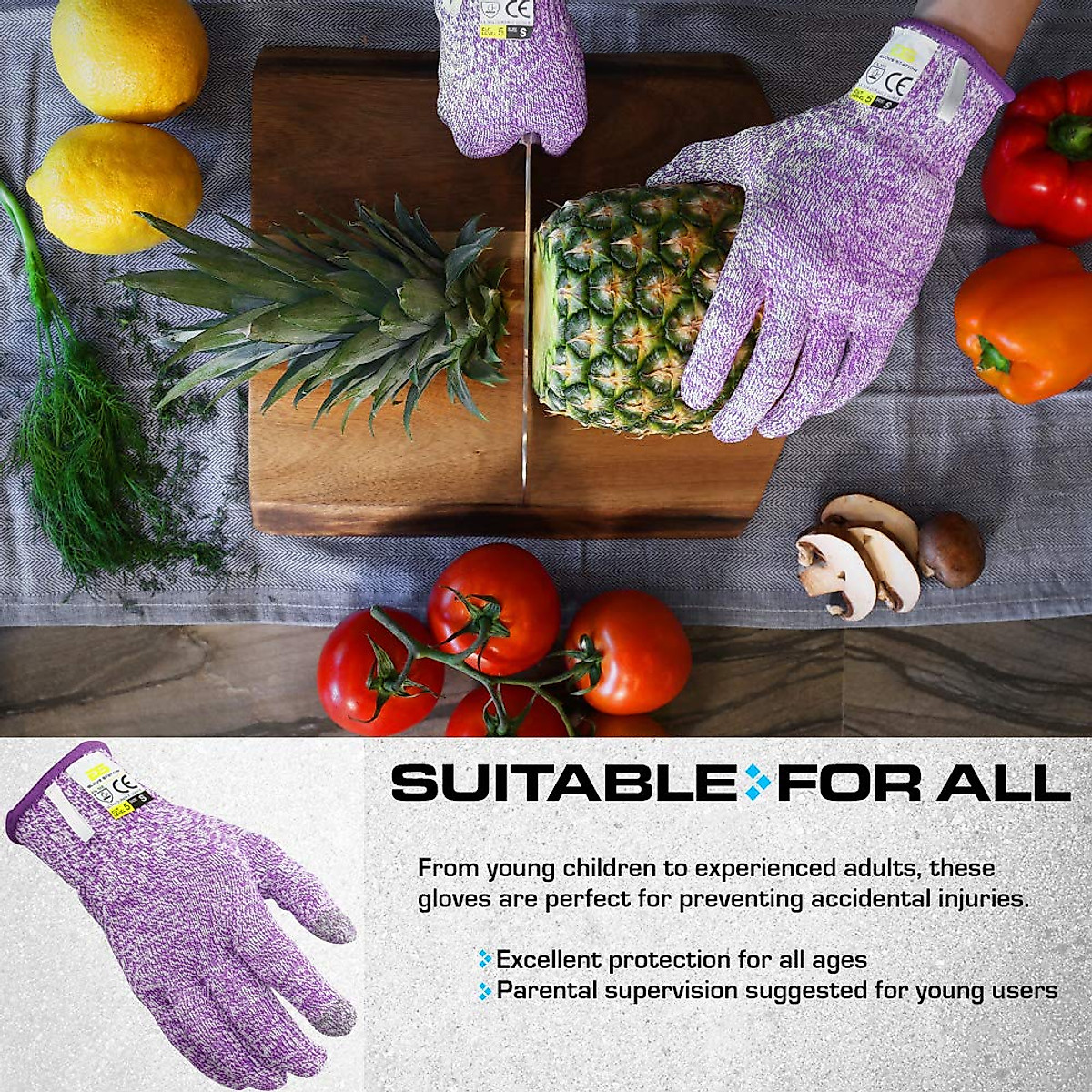 Glove Station Ultra Durable Series Cut Resistant Gloves - Cutting Gloves for Chefs, BBQ and Cooking - Level 5 Protection; Food Grade Safe Cut Proof Gloves - Purple, Medium Size