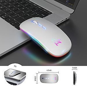 HOTLIFE LED Wireless Mouse, Slim Rechargeable Silent Bluetooth Mouse, Portable USB Optical 2.4G Wireless Bluetooth Two Mode Computer Mice with USB Receiver and Type C Adapter(Silver)