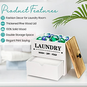 Dryer Sheet Holder with Drawer and Lid, Wood Dryer Sheet Dispenser and Laundry Pods Container for Laundry Room Organization and Storage, Laundry Pod Holder Wall Mount for Laundry Room Decor (White)