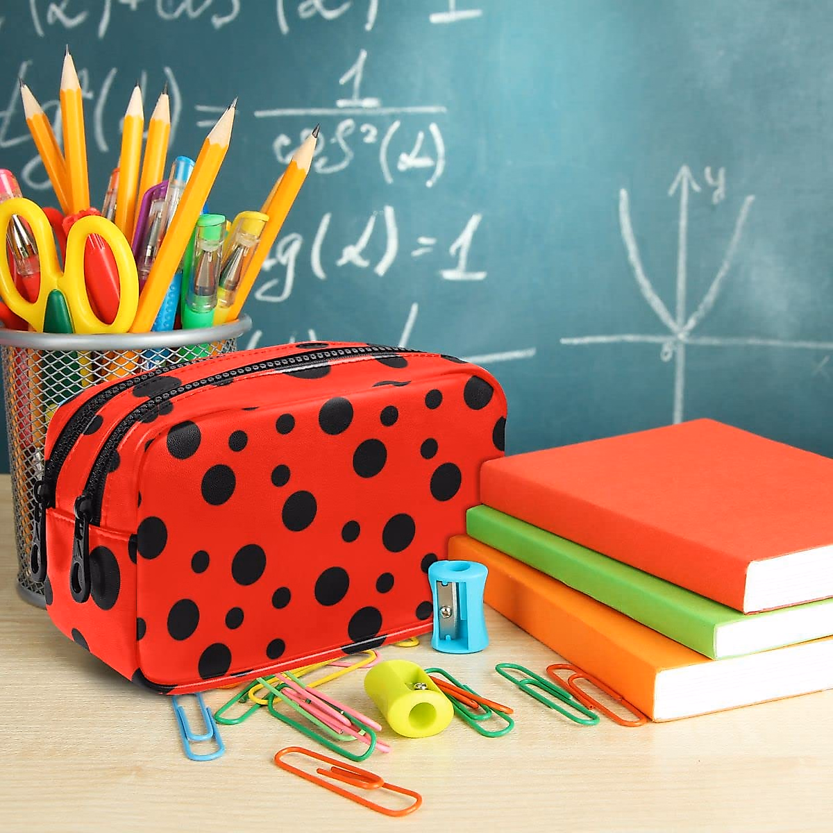 Glaphy Ladybug Polka Dots Red Pencil Case Large Capacity Pencil Pouch Zipper Storage Cosmetic Bag