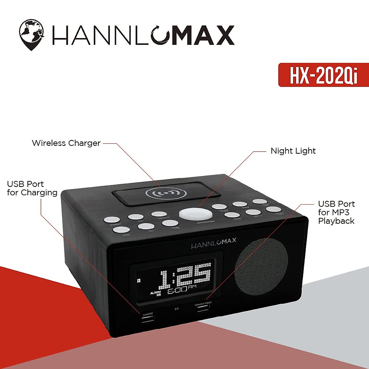 HANNLOMAX HX-202Qi Alarm Clock Radio, Wireless Charging, Bluetooth, 10W Output Power, Dual USB Ports for Charging and MP3 Playback, Temperature, Nightlight, Time Zone, Aux-in. (Black)