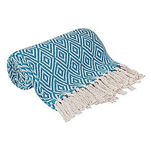 100% Cotton Throw Blanket 50x60 - Turquoise Throw Blanket with Fringe - Soft Lightweight Bed Throw for Couch, Chair - Cozy Farmhouse Throw Blanket - Decorative Throw Blanket - Home Living Room Decor