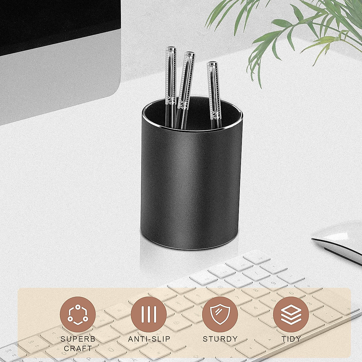 Vaydeer Metal Pen Holder Aluminum Pencil Holder for desk, Round Desktop Organizer and Black Pencil Cup for Office, School, Home and Stationary Supplies (3.15 x 3.15 x 3.94 Inches)