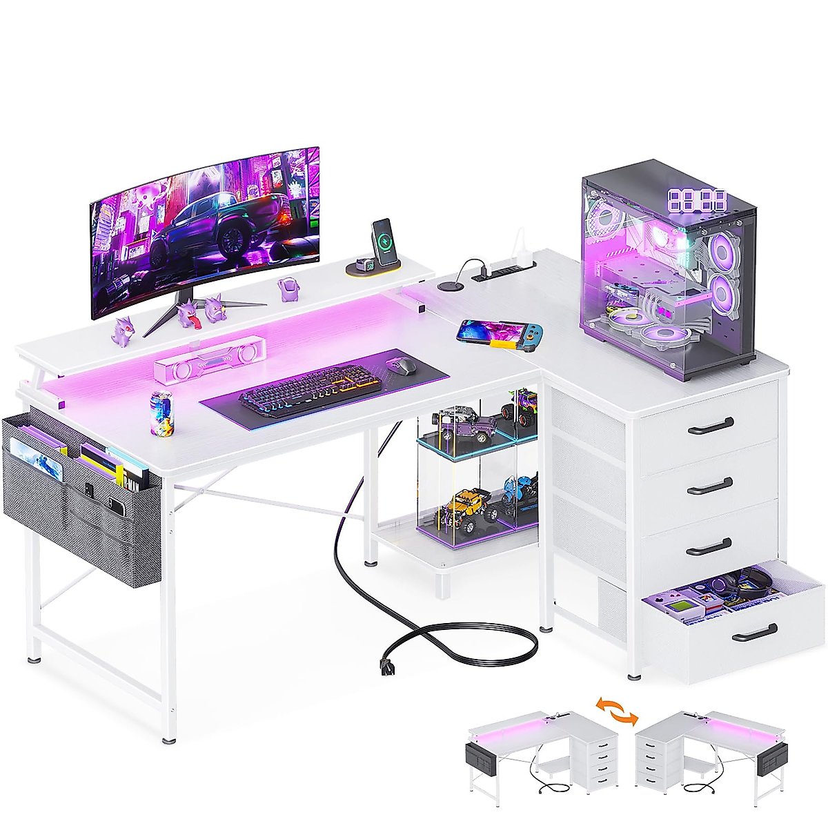 ODK 48-Inch L Shaped Gaming Desk with LED Lights & USB Power Outlets, Reversible Computer Desk with 4 Drawers, Corner Gamer Desk with CPU Shelf & Monitor Stand, Gaming Table for Bedroom, White