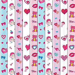 Konsait Valentine's Day Gift Wrapping Paper, 10 Sheets Folded Heart Love Rose Assorted Red Pink Blue Funny Wrap Paper for Kids Wedding Gifts Birthday Party Favors Holiday DIY Crafts Supplies 70X50cm