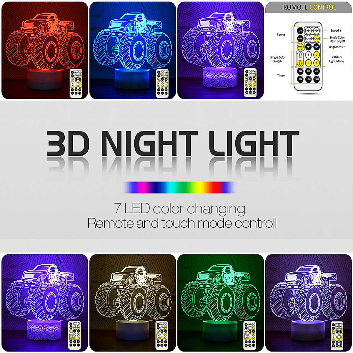 Night Lights for Kids Monster Truck 3D Night Light Bedside Lamp 7 Colors Changing with Remote Control and Timing Function Best Birthday Gifts for Boys Girls Kids Baby