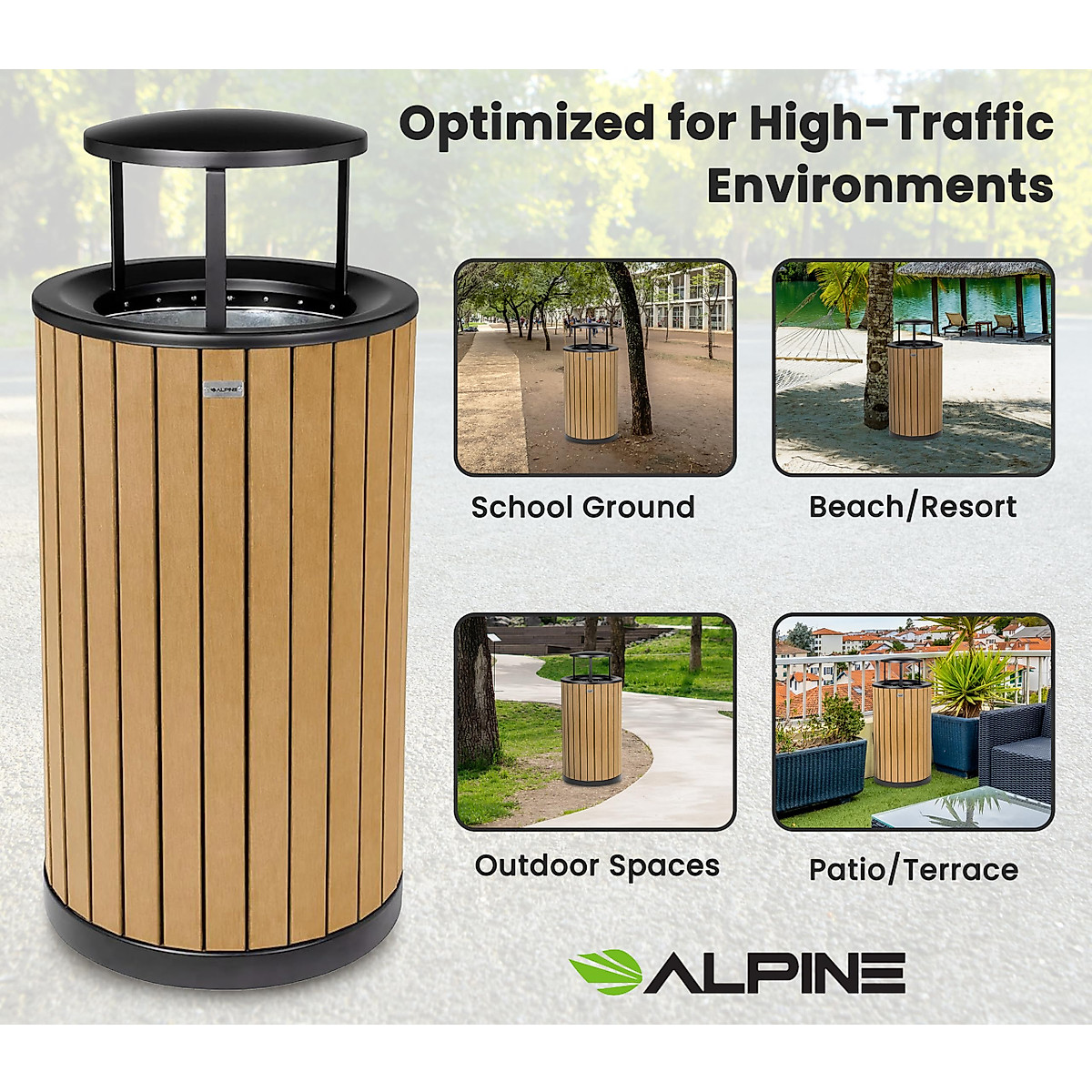 Alpine 32 Gallon Commercial Outdoor Trash Can - Heavy Duty Garbage Can Outdoor, Industrial Trash Can with Plastic Panels for Patio, Parks, Trails & Resorts (Rain Bonnet Lid - Cedar)