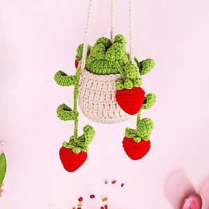 Cute Car Mirror Hanging Ornament - Decorative Rearview Mirror Accessories for Women and Girls - Handmade Knitted Crochet Plant Flower Car Accessories