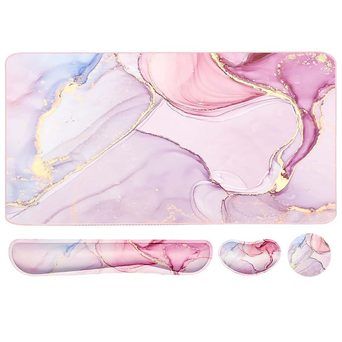 Keyboard Mouse Pad Set, Extended Mouse Pad+Keyboard Wrist Rest Support, Memory Foam Ergonomic Easy Typing, 3Pcs (35.4×15.7 in) Desk Pad Set for Home Office Study Game- Pink Marble