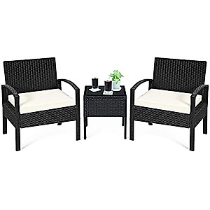 HAPPYGRILL 3pcs Patio Conversation Set Outdoor Wicker Furniture Set Rattan Table & Chairs Set with Seat Cushions, Modern Bistro Set with Coffee Table for Garden Balcony Backyard