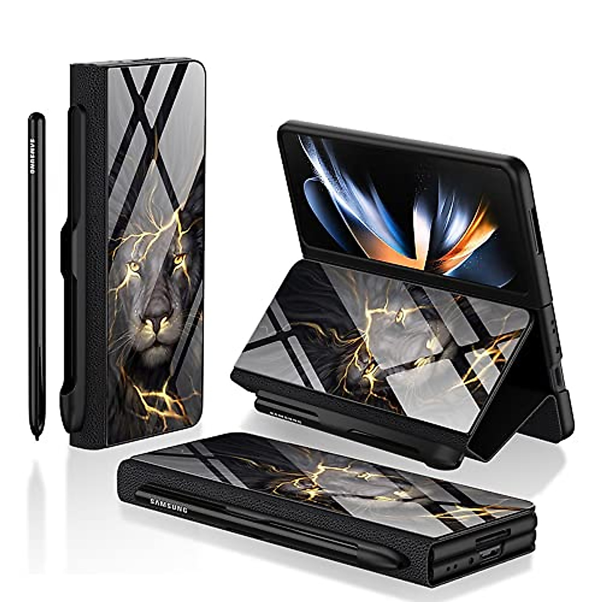 Breclar for Samsung Galaxy Z Fold 4 Case with S-Pen Pocket Luxury Flip Plating Glass Crystal Hybrid Leather All-Inclusive Cover, with S Pen Holder for Samsung Z Fold 4 5G 2022 (Lion)