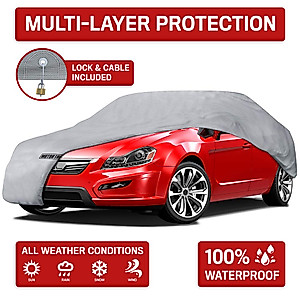 Motor Trend 4-Layer 4-Season Waterproof Car Cover All Weather Water-proof Outdoor UV Protection for Heavy Duty Use Full Cover for Cars Up to 210"