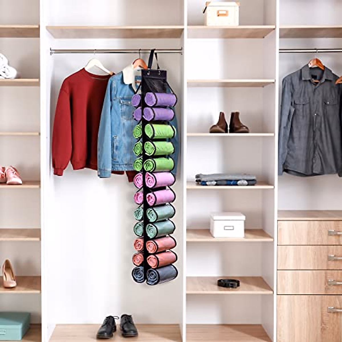 SMFANLIN 2 Pack Yoga Legging Hanging Storage Organizer, Leggings Space Saving Bag Storage Hanger with 24 Compartments, Clothes Closet Roll Holder for Tshirt, Towel, Jean - Foldable & Portable