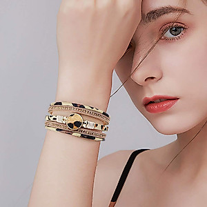 Wovanoo Leopard Leather Wrap Bracelets for Women Multilayer Cuff Bangle with Magnetic Buckle Gift for Birthday, Mother's Day, Valentine's Day Round Buckle