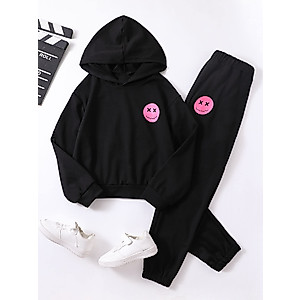 SOLY HUX Girl's Casual 2 Piece Outfits Graphic Long Sleeve Hoodies Sweatshirts and Sweatpants Set Fall Clothes Black Letter 10Y