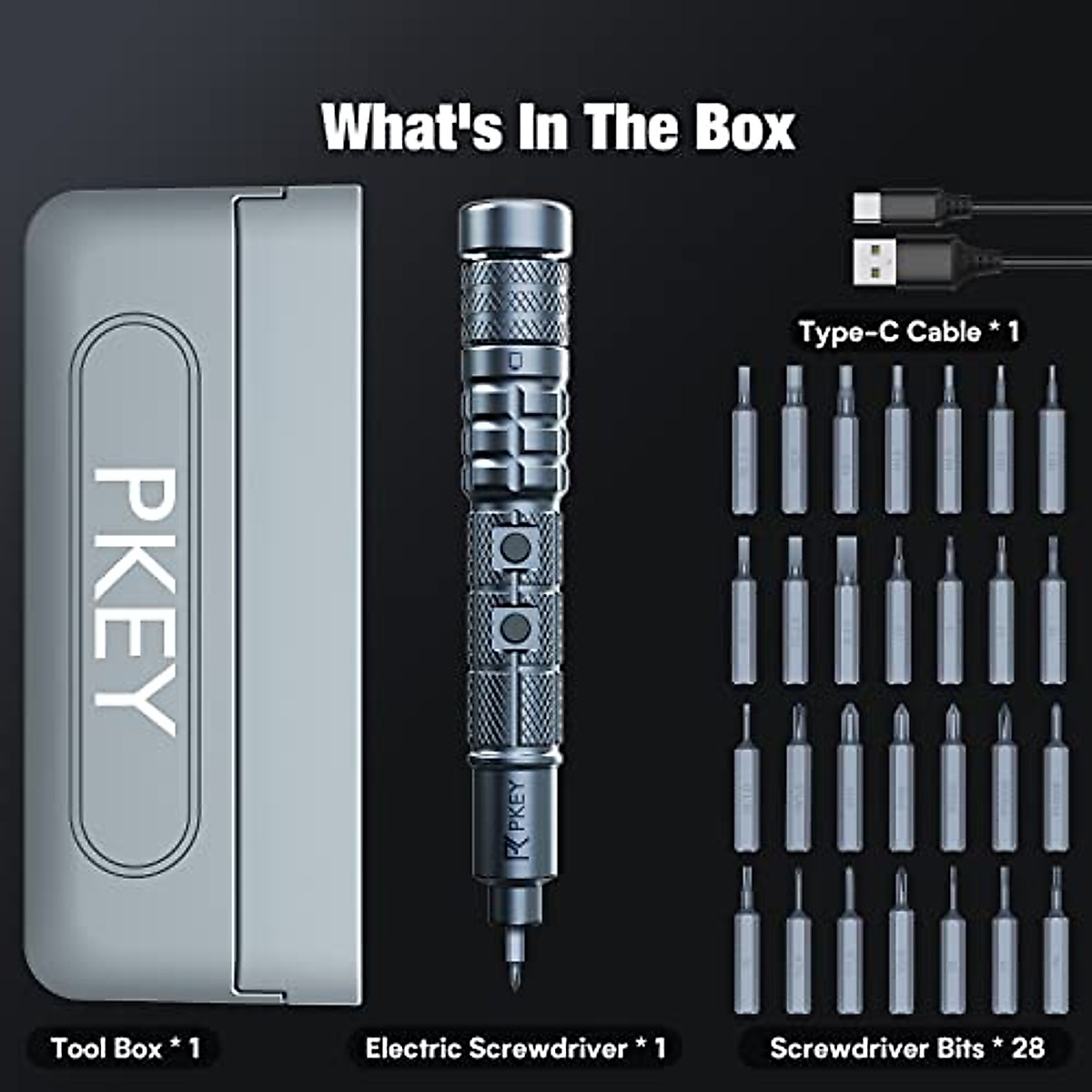 PKEY Cordless Electric Screwdriver Set, Mini Electric Screwdriver, 28 Magnetic Bits, 3 Gears Torque, Two batteries，Rechargeable Portable Repair Tool Kit for Electronics Laptops Clocks Glasses Camera