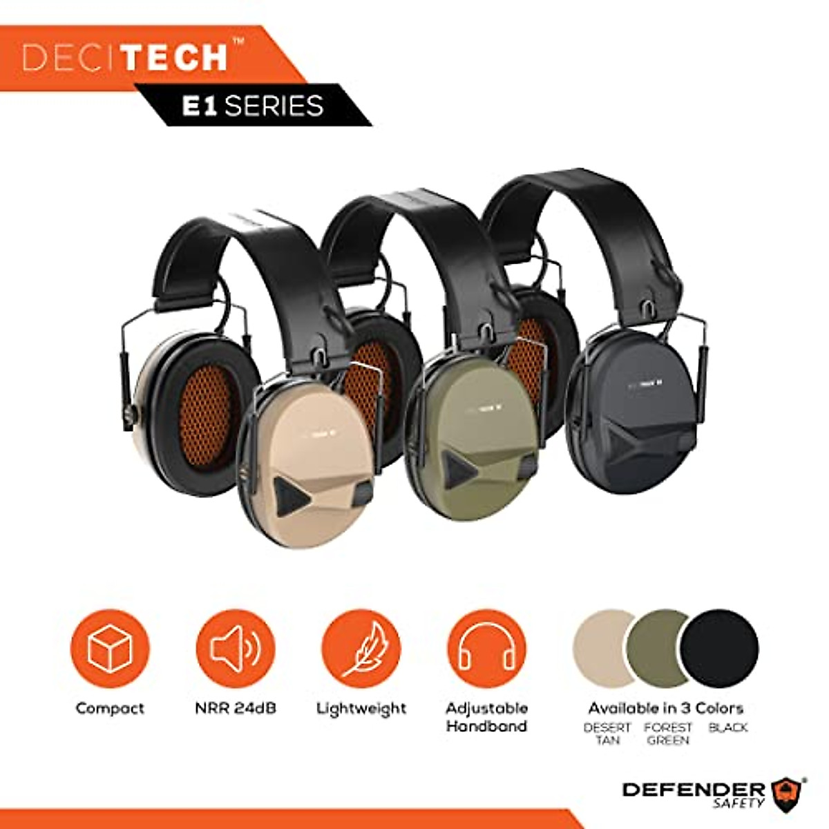Defender Safety Decitech E1 Electronic Active Hearing Protection, Shooting, Range, Hunting, Tactical Earmuffs, 24 NNR Rated. (Black)