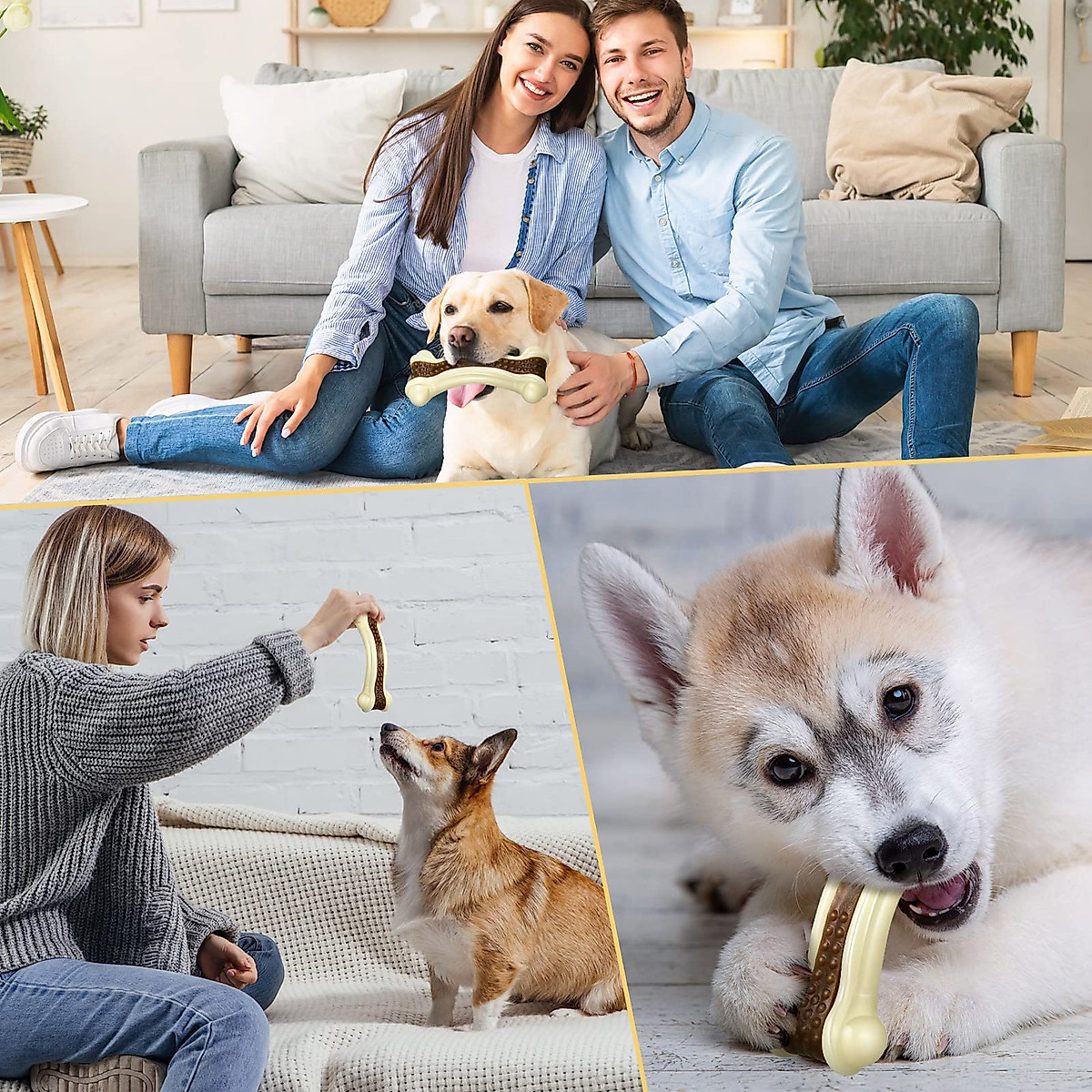 Sosation 3 Pack Chew Toys for Aggressive Chewers, Bone Toys Nylon Beef Flavor Dog Teething Toys for Large/Medium/Small Puppies Breeds(Large, Curved Bone)