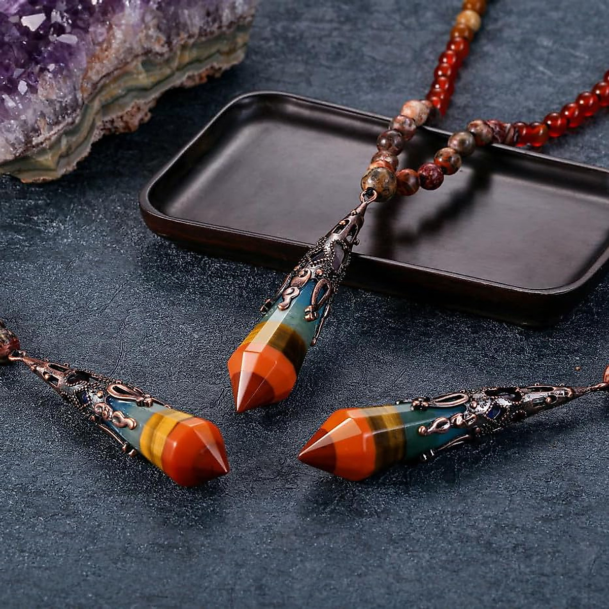 GEHECRST Natural 7 Chakra 108 Mala Prayer Beads Necklace with Reiki 12 Faceted Healing Crystal Pointed Pendant Multilayer 6mm Gemstones Beads Bracelet Mens Women Jewelry for Meditation, Protection