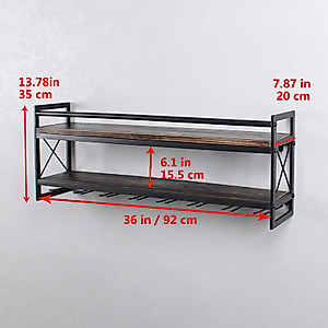 MBQQ Wine Rack Stemware Glass Rack,Industrial 2-Tier Wood Shelf,36" Wall Mounted Wine Racks with 8 Stem Glass Holder for Wine Glasses,Mugs,Home Decor,Retro Black